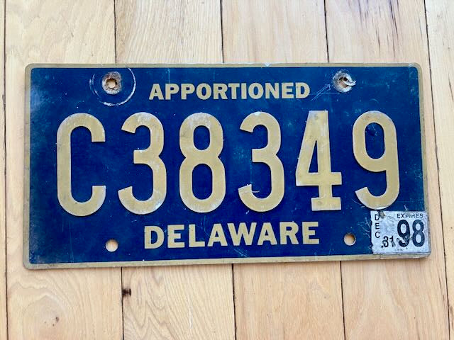 1998 Delaware Riveted Apportioned License Plate – RusticPlates
